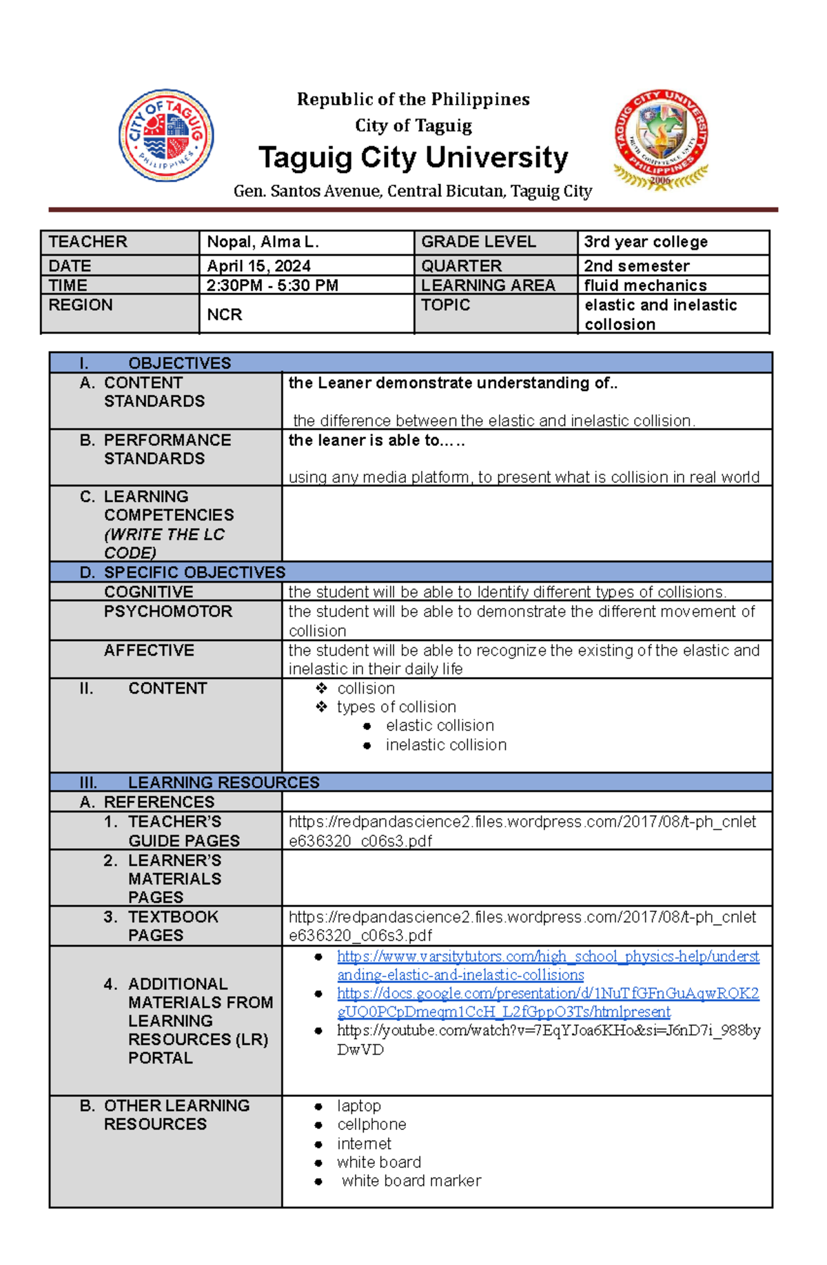 Lesson Plan for Elastic and Inelastic Collisions in Fluid Mechanics ...