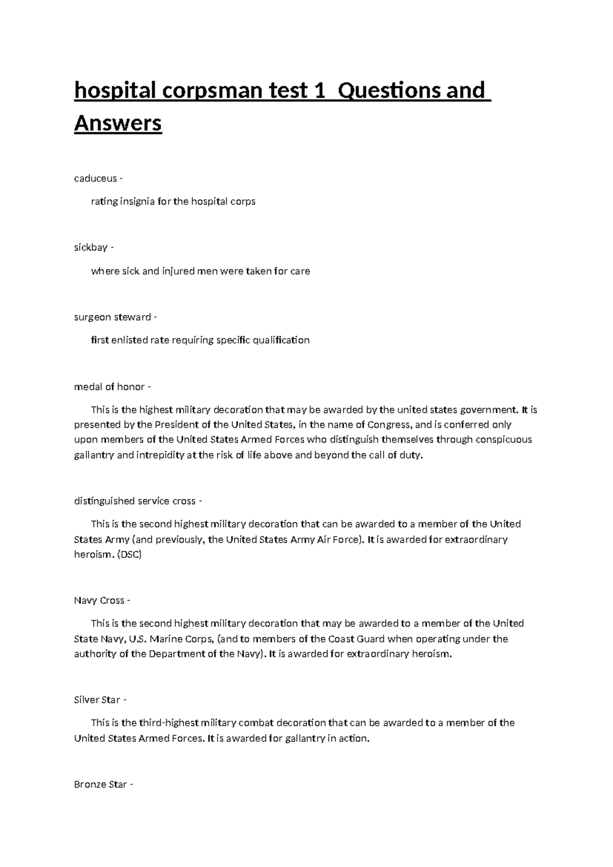 Hospital Corpsman Test 1: Key Questions and Answers Guide - Studocu