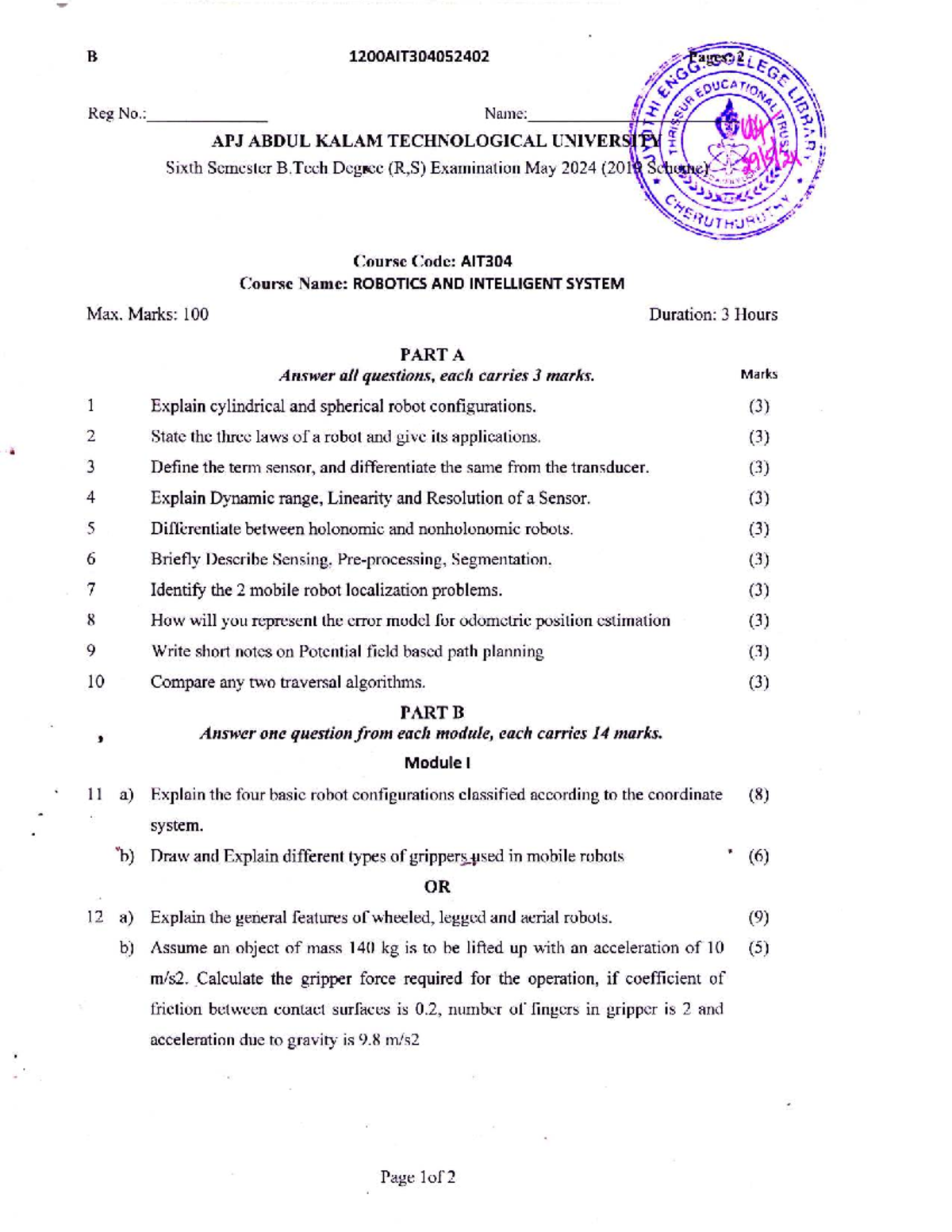 Robotics and Intelligent Systems Exam Notes (AlT304) - May 2024 - Studocu