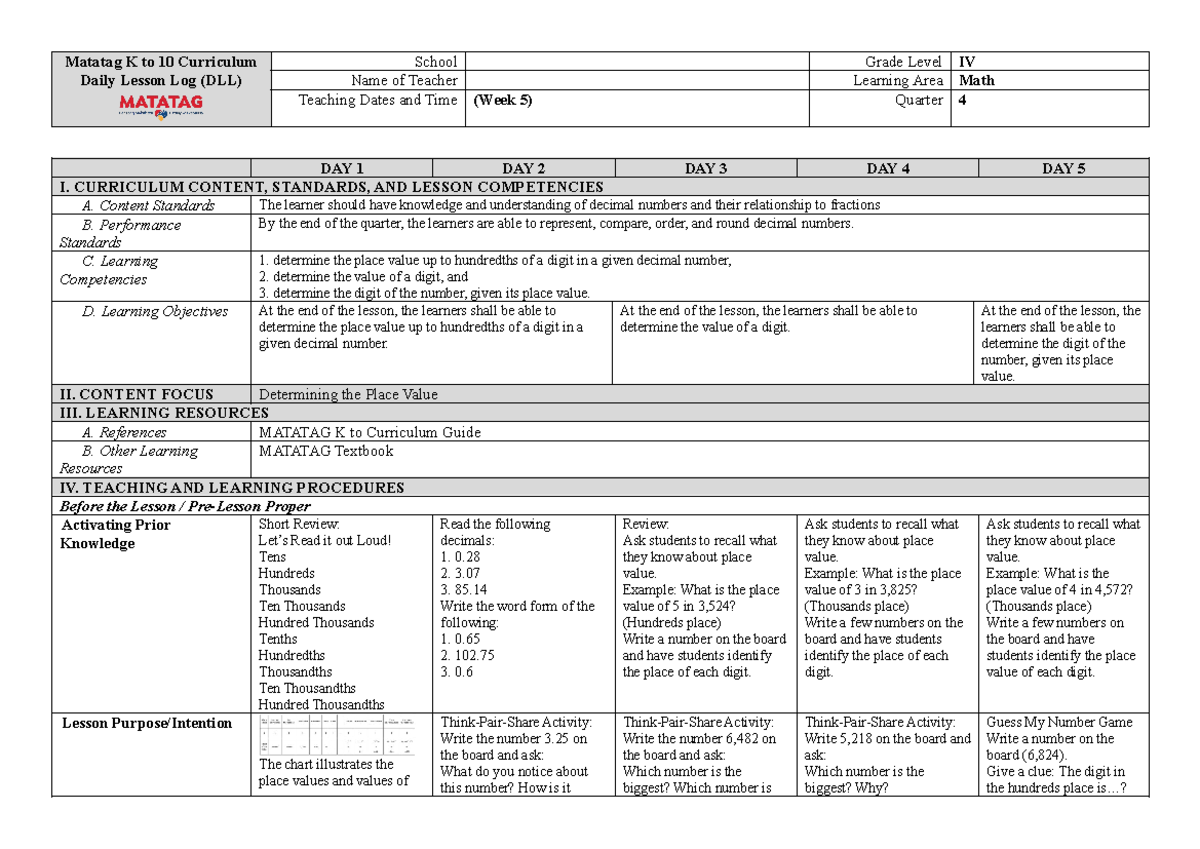 Q4 MATH DLL WEEK 5: Understanding Decimal Place Value Concepts - Studocu
