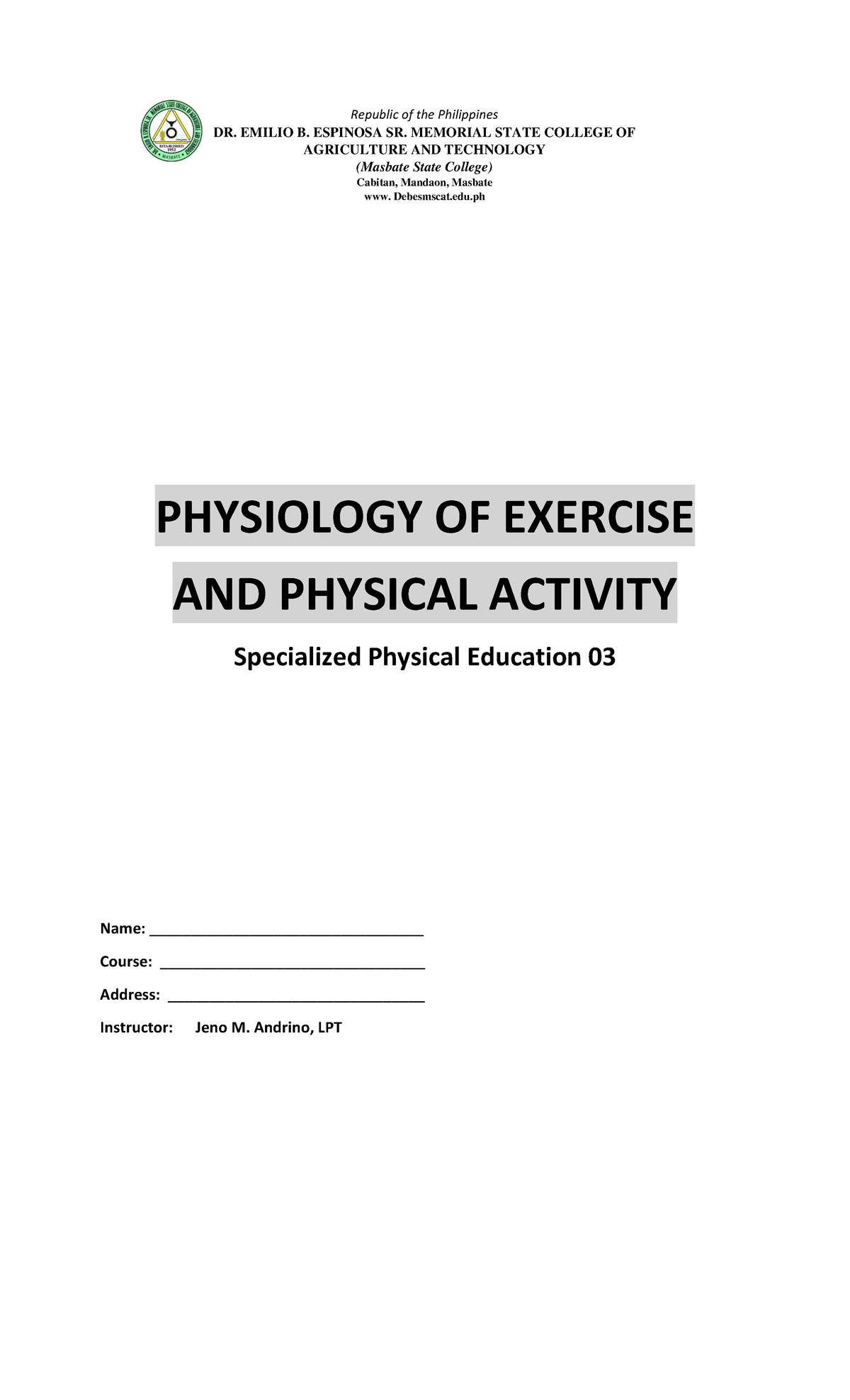 Specialized Physical Education 03: Module 1 on Exercise Physiology ...