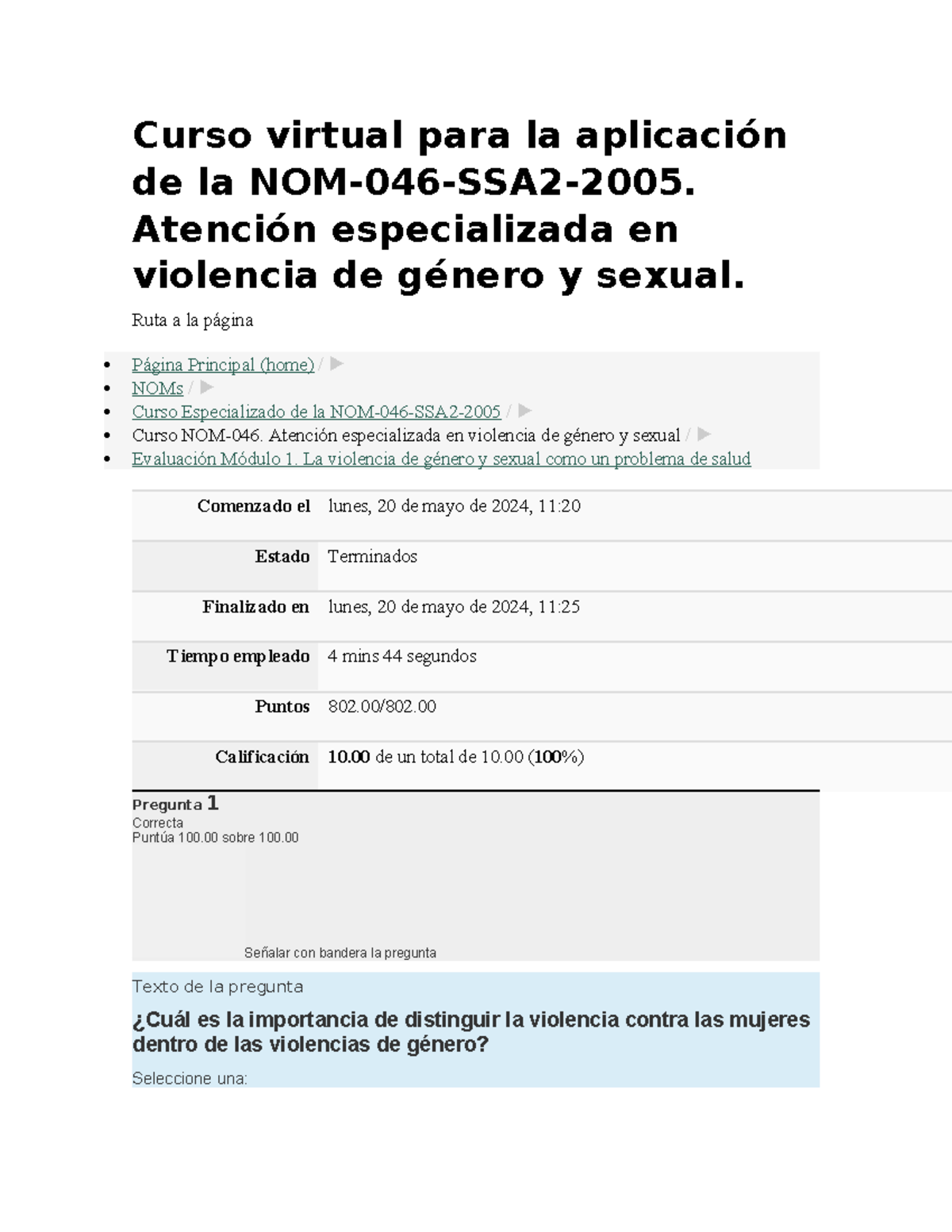 Evaluación 1 del Curso Virtual NOM-046-SSA2-2005: Violencia de Género - Studocu