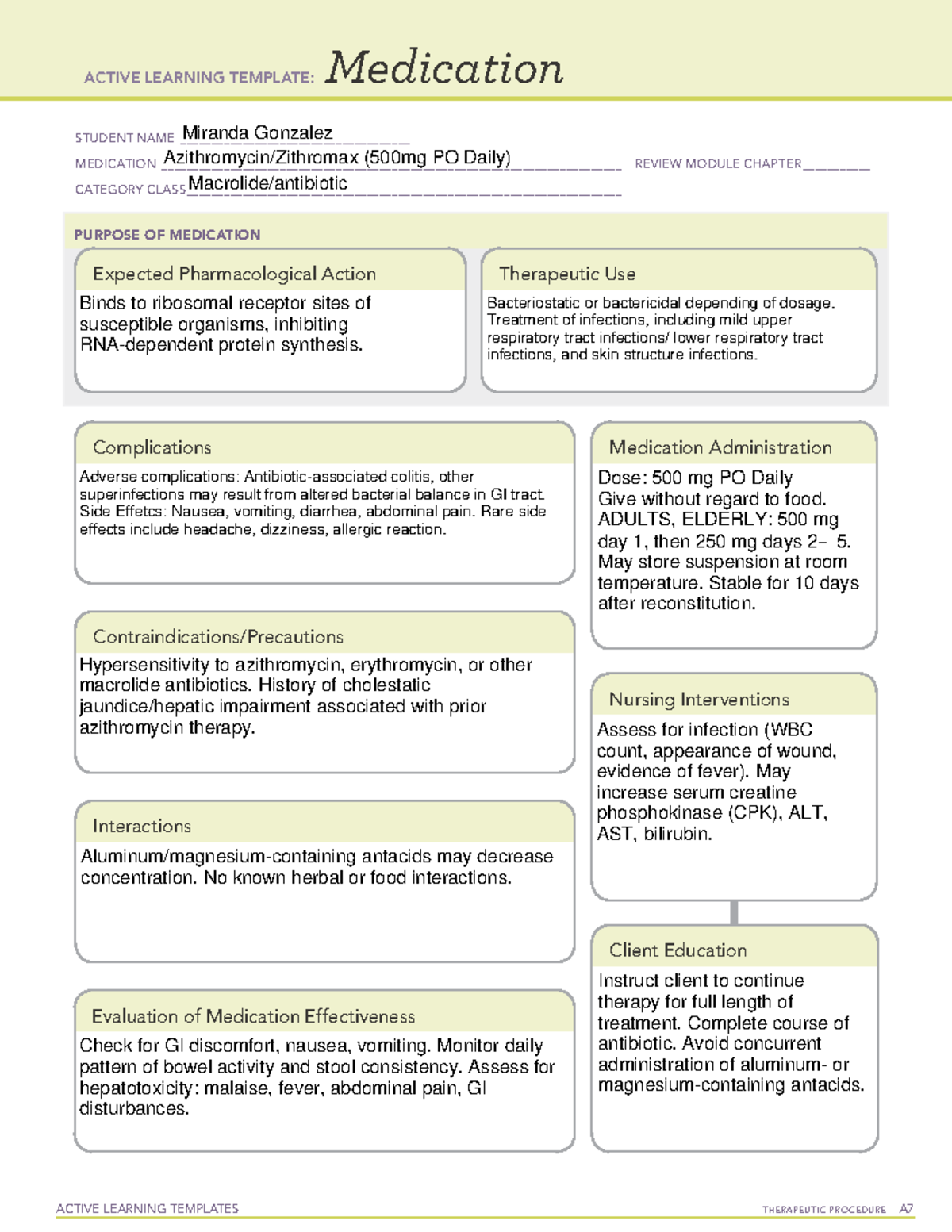 Azithromycin (Zithromax) Drug Card - Active Learning Template - Studocu