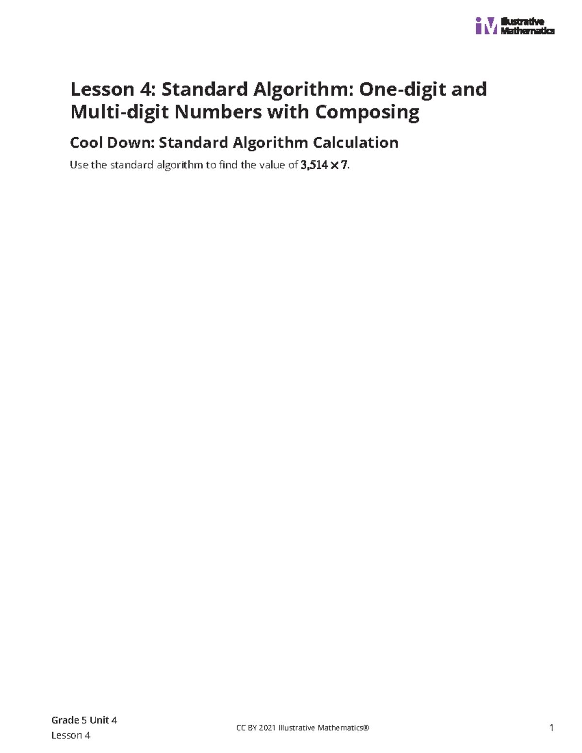 Grade 5 4 4 Cool Down cool down - Lesson 4: Standard Algorithm: One ...