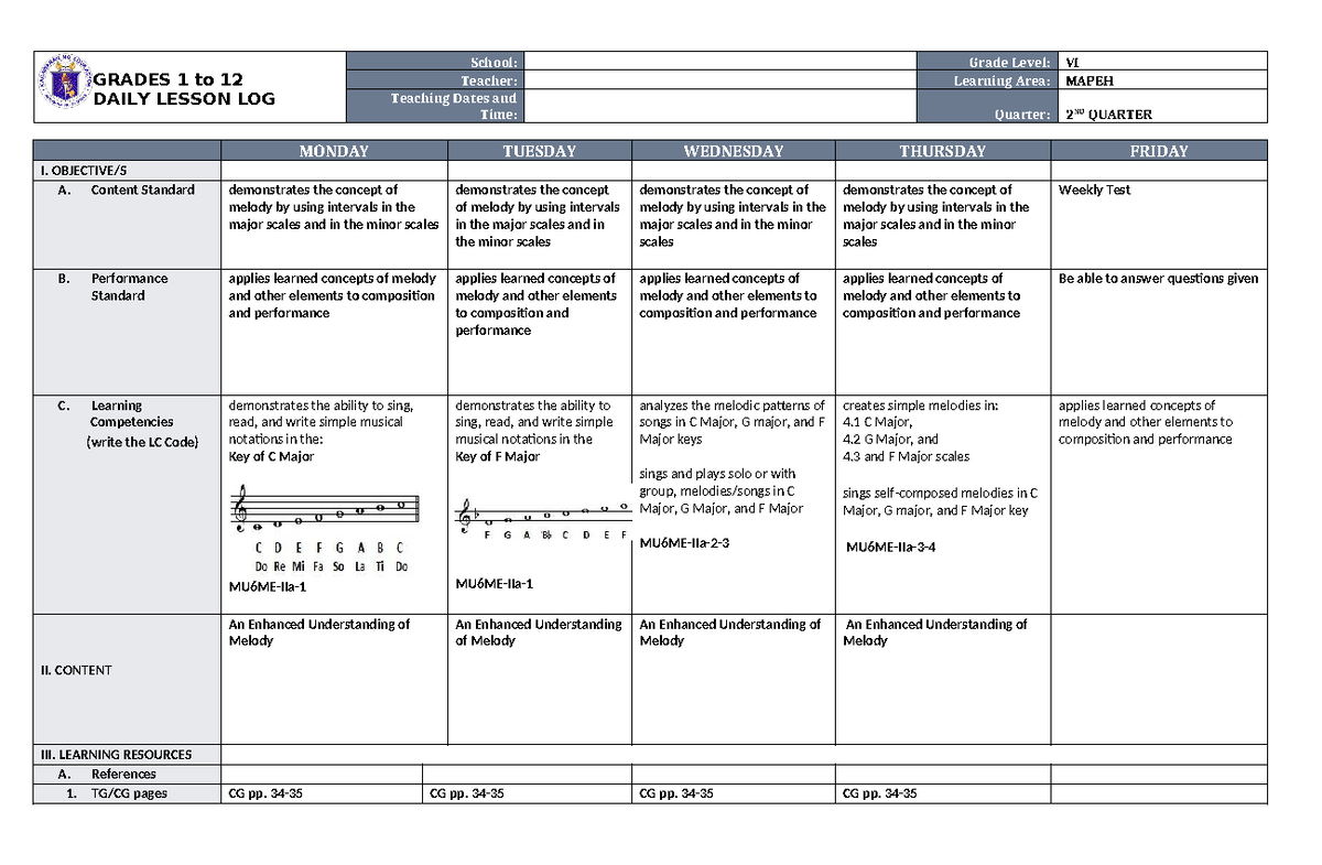 Daily Lesson Log: MAPEH Grades 1-12 - Understanding Music Intervals ...