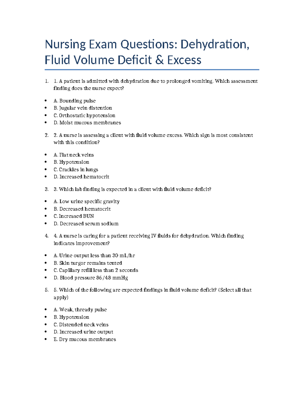 Nursing NCLEX Exam Questions: Dehydration & Fluid Volume Issues - Studocu