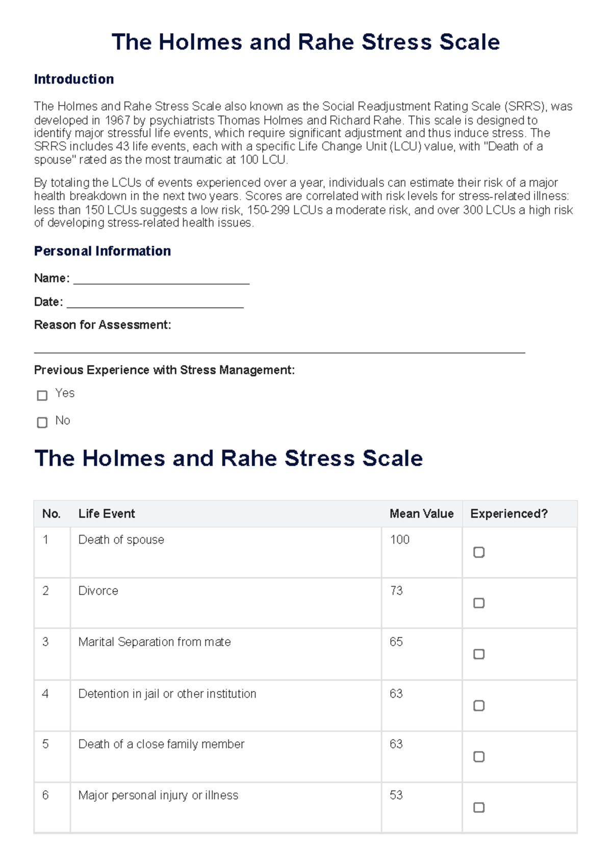 Holmes & Rahe Stress Scale Overview and Life Events Analysis - Studocu