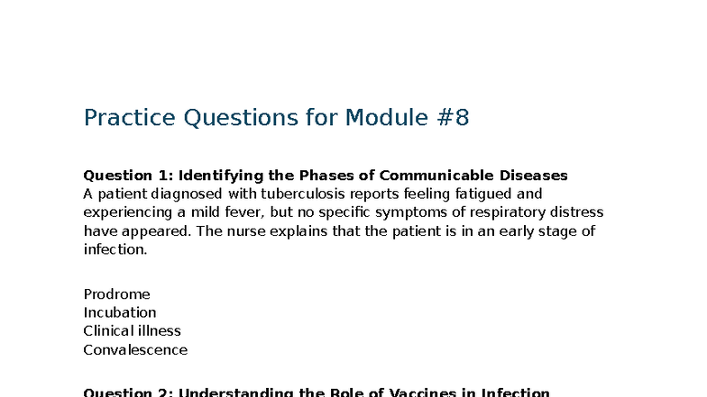 NUR2063 - Practice Questions for Module 8: Infection Control ...