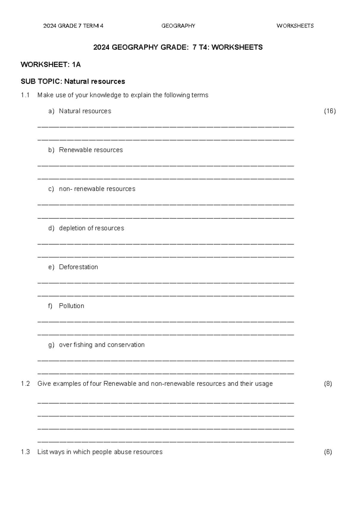 2024 GRADE 7 TERM 4 GEOGRAPHY WORKSHEETS: NATURAL RESOURCES ...
