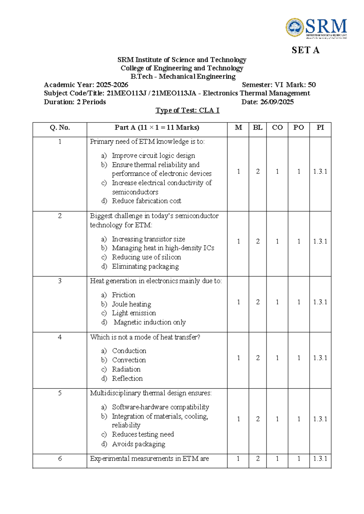 21MEO113J Electronics Thermal Management CLA I - SET A - Studocu
