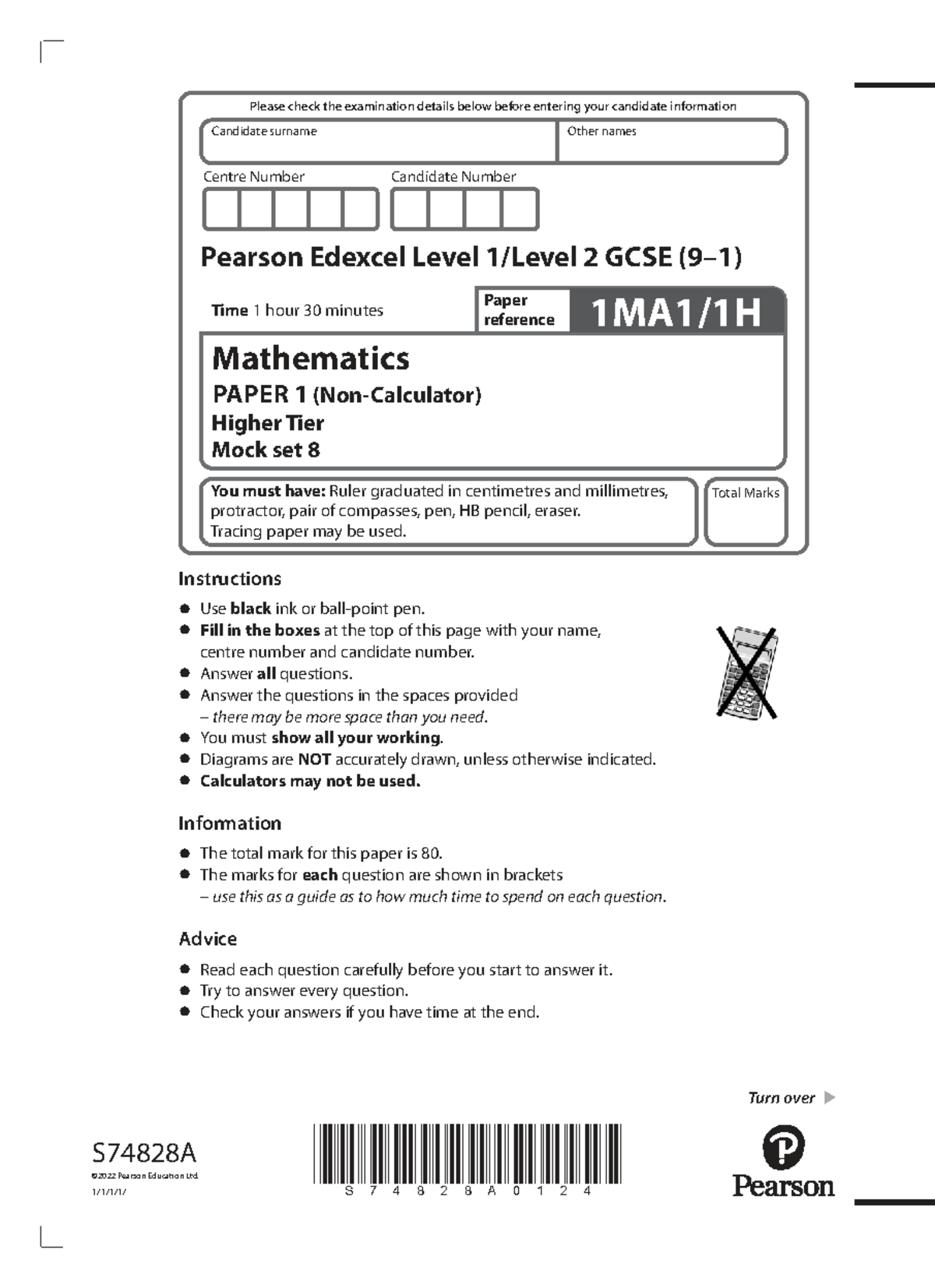 GCSE Maths Mock Paper 1 Higher Tier - Set 8 Exam Details - Studocu