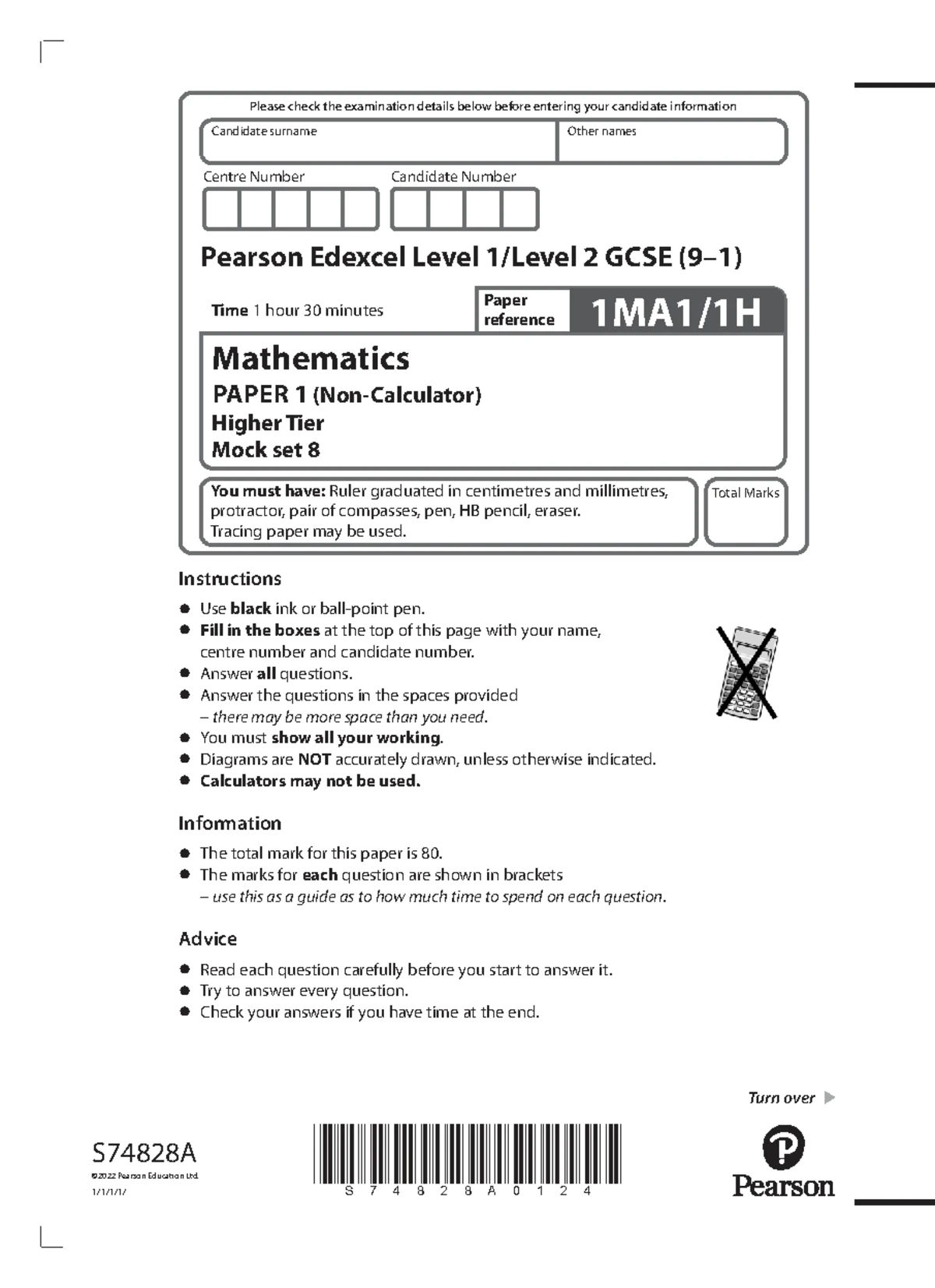 GCSE Maths Mock Paper 1MA1 1H Set 8 Examination Details - Studocu