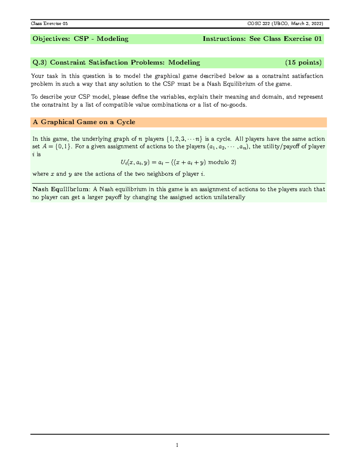 Class-exercise-05 - Class Exercise - Class Exercise 05 COSC 322 (UBCO, March 3, 2022) Objectives ...