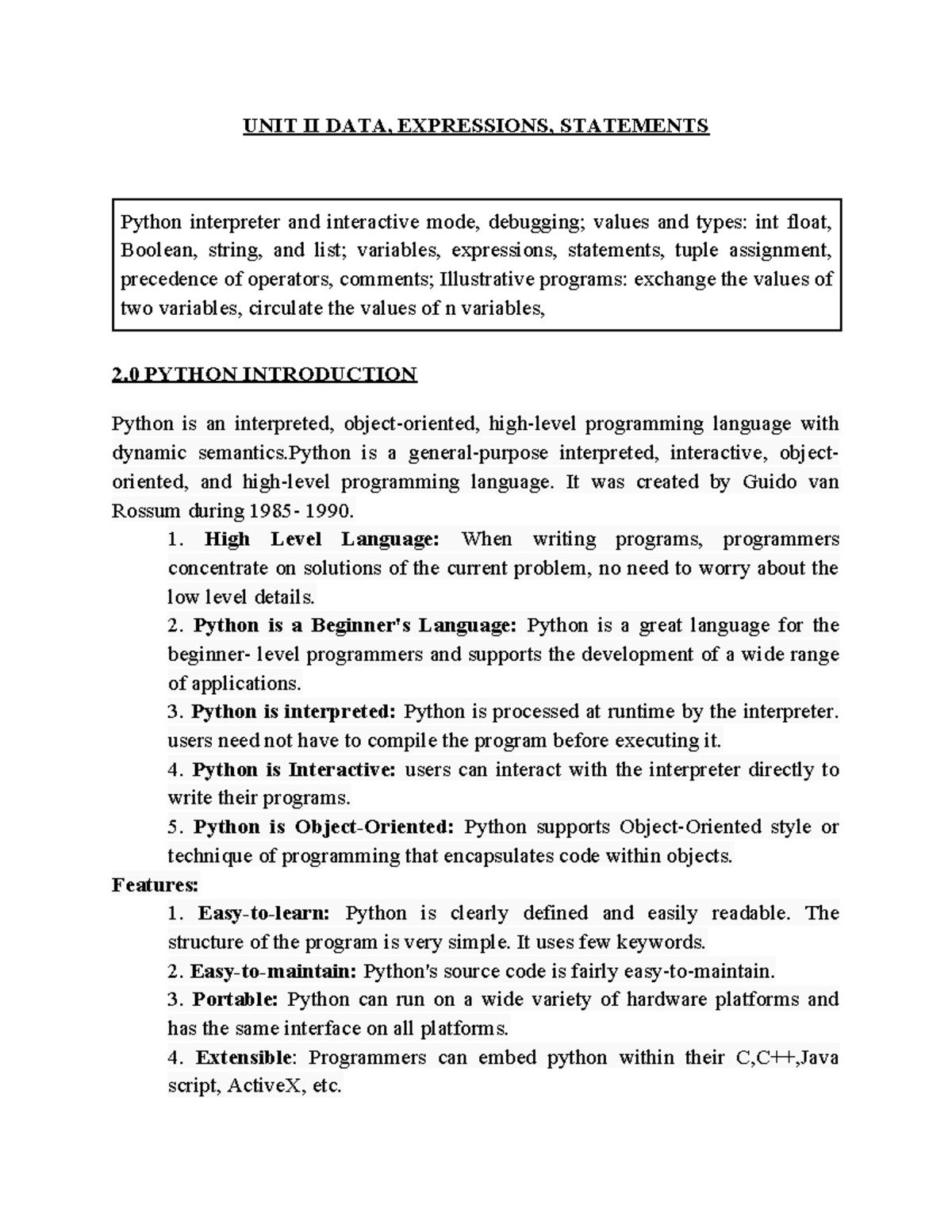 Unit II: Data Types, Expressions, and Python Statements (CS101) - Studocu