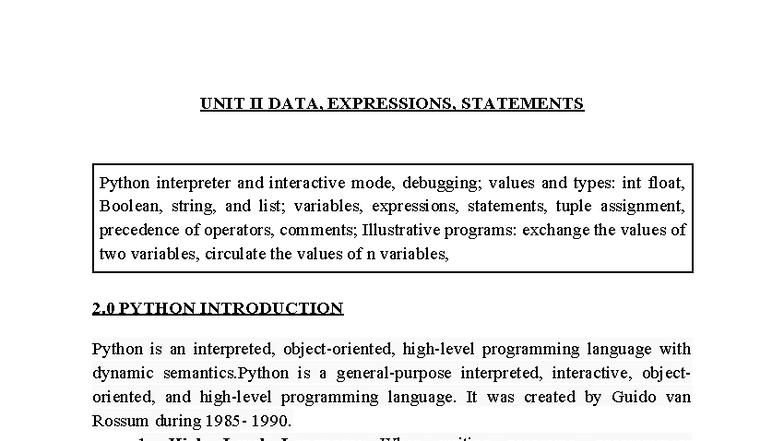 Unit II: Data Types, Expressions, and Python Statements (CS101) - Studocu