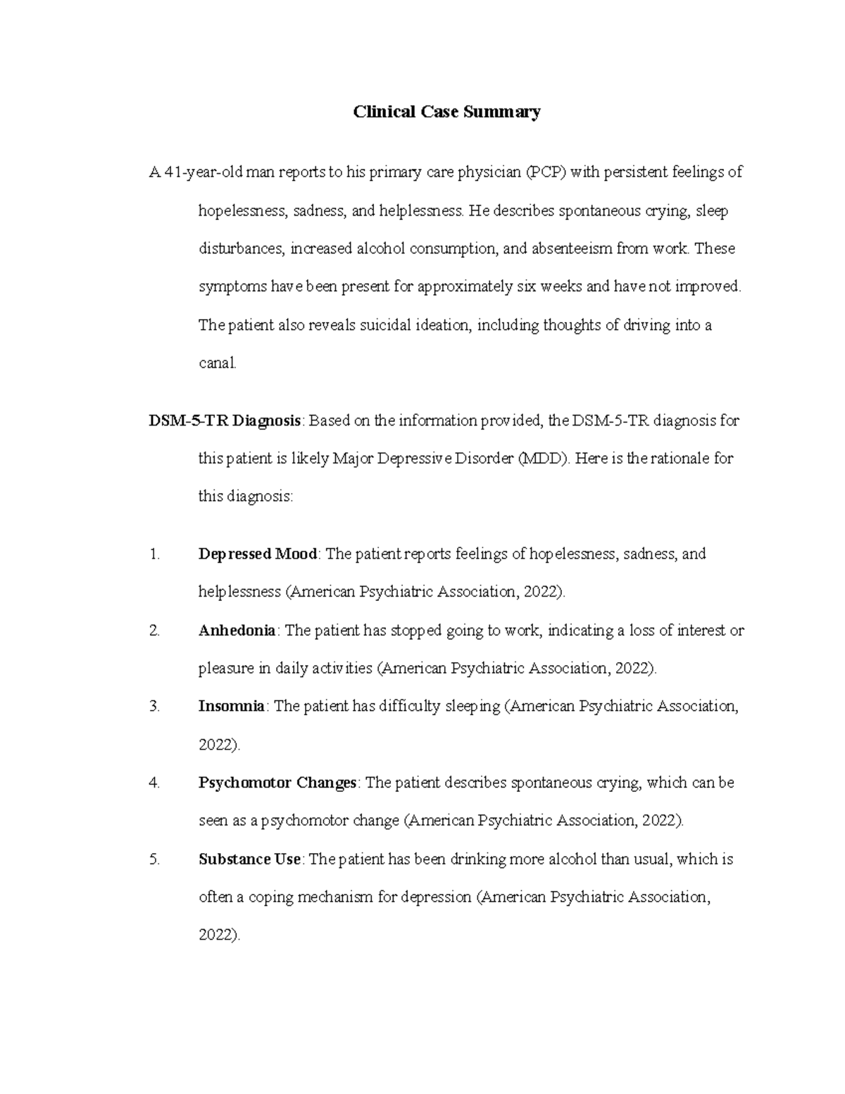 MDD-Sertraline Case Study: Assessment, Treatment, and Guidelines - Studocu