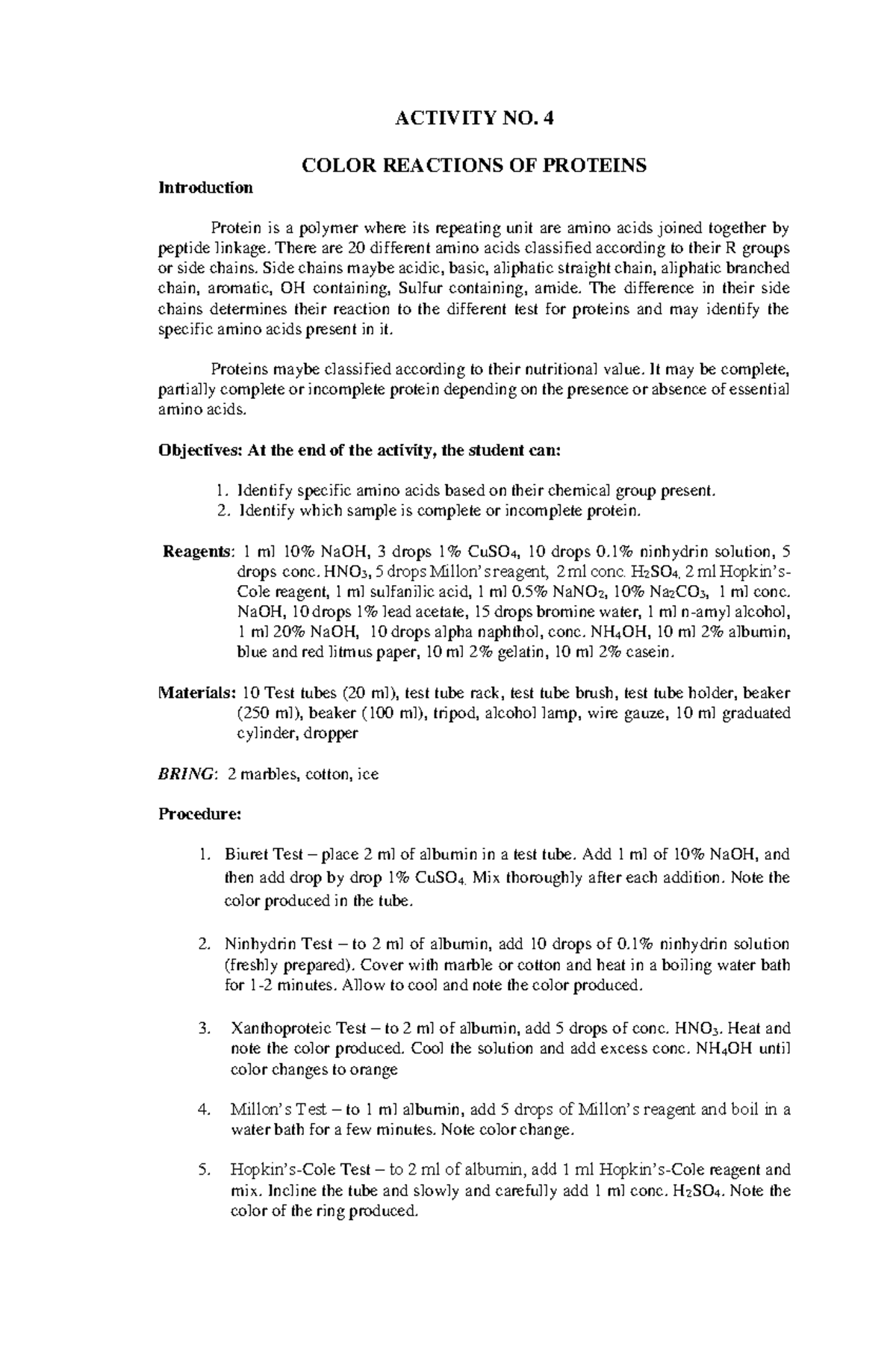 Activity 4: Exploring Protein Color Reactions and Tests - Studocu