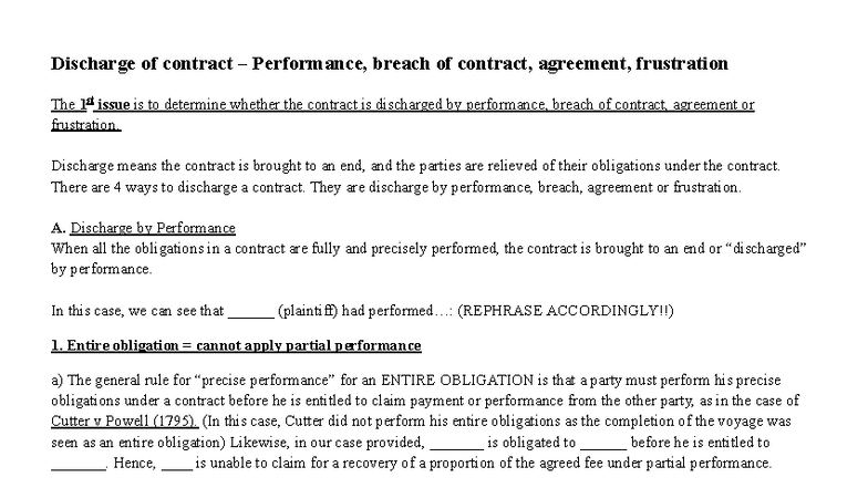 Discharge of Contract: Performance, Breach, Agreement & Frustration ...