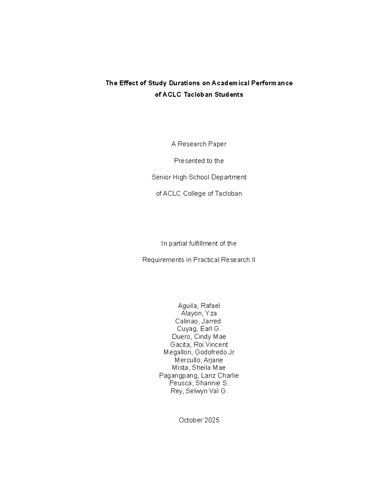 The Impact of Study Duration on Academic Performance of ACLC SHS ...