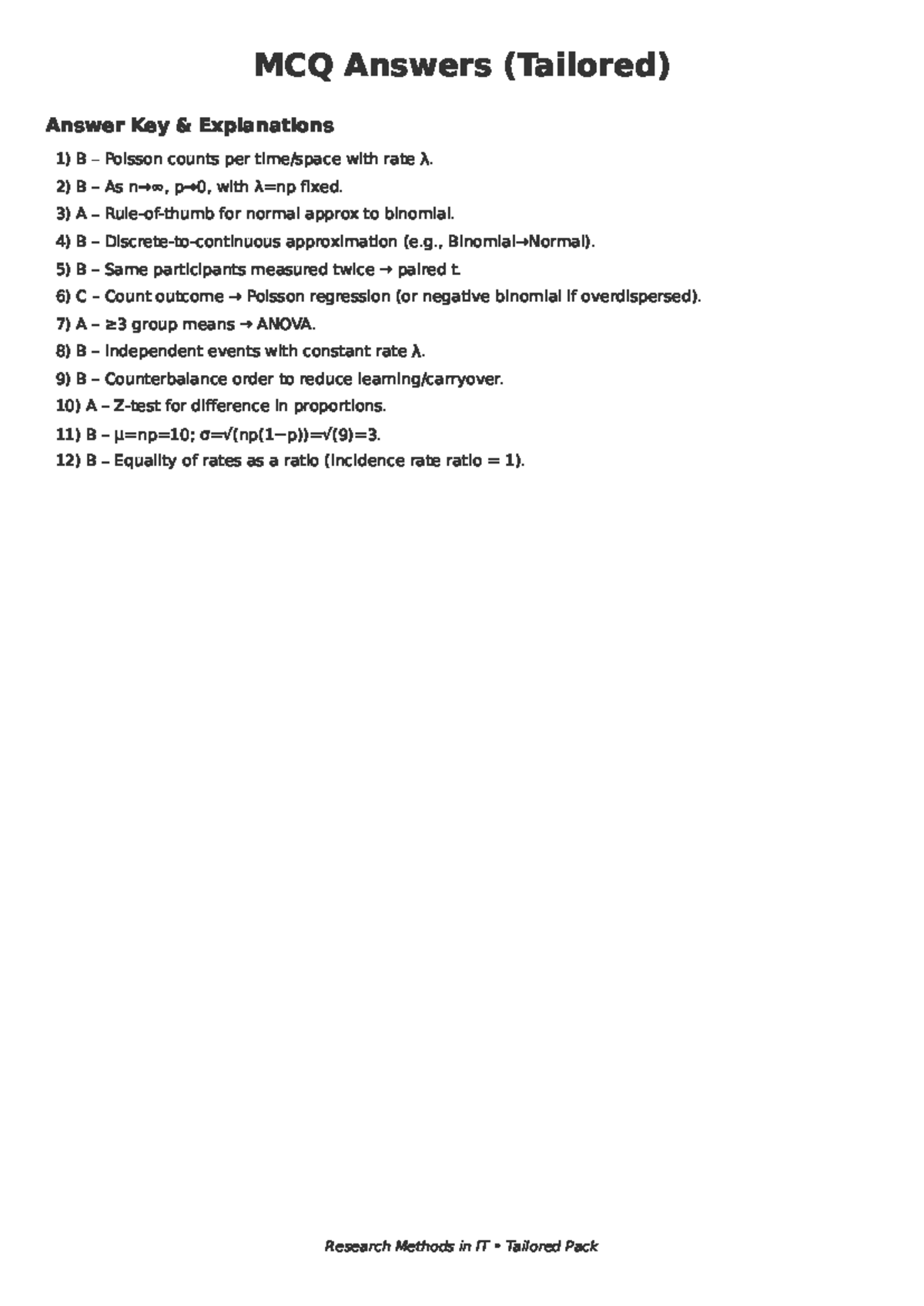 Research Methods in IT: Tailored MCQ Answers & Explanations - Studocu