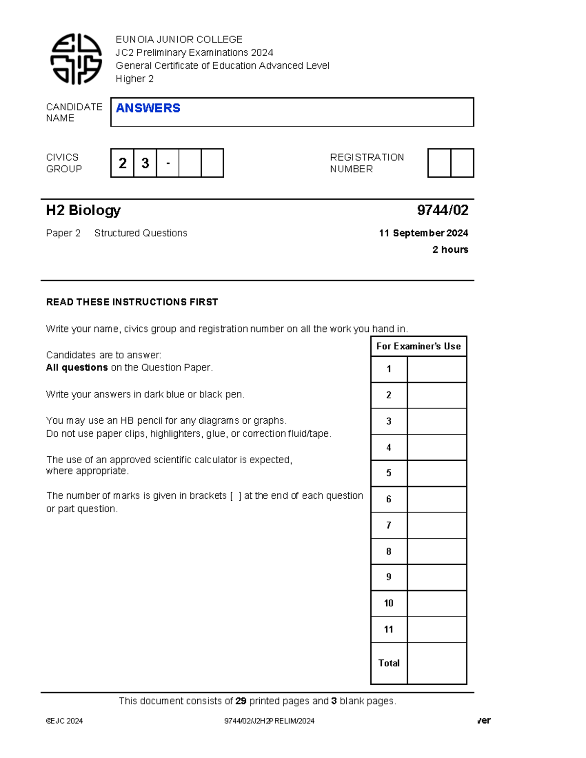 EJC JC2 Biology P2 Preliminary Exam Mark Scheme 2024 - Studocu