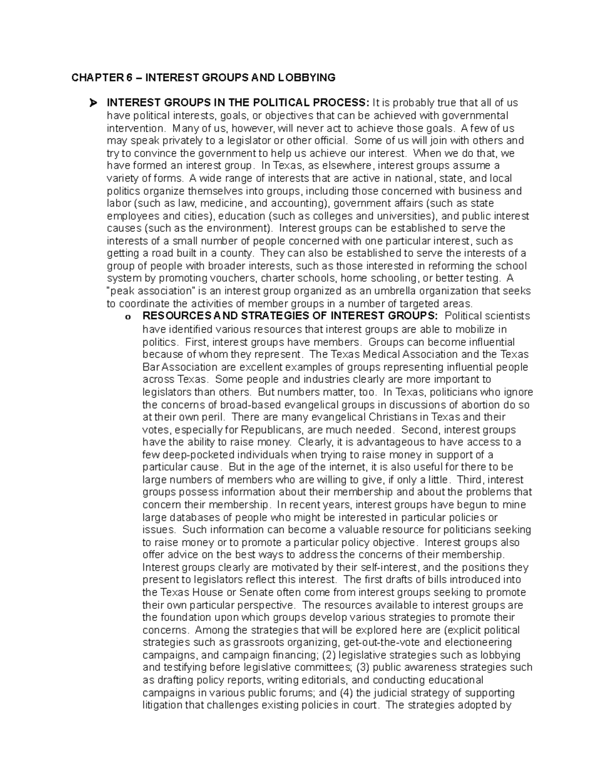 Chapter 6 Notes: Interest Groups and Lobbying in Political Process ...