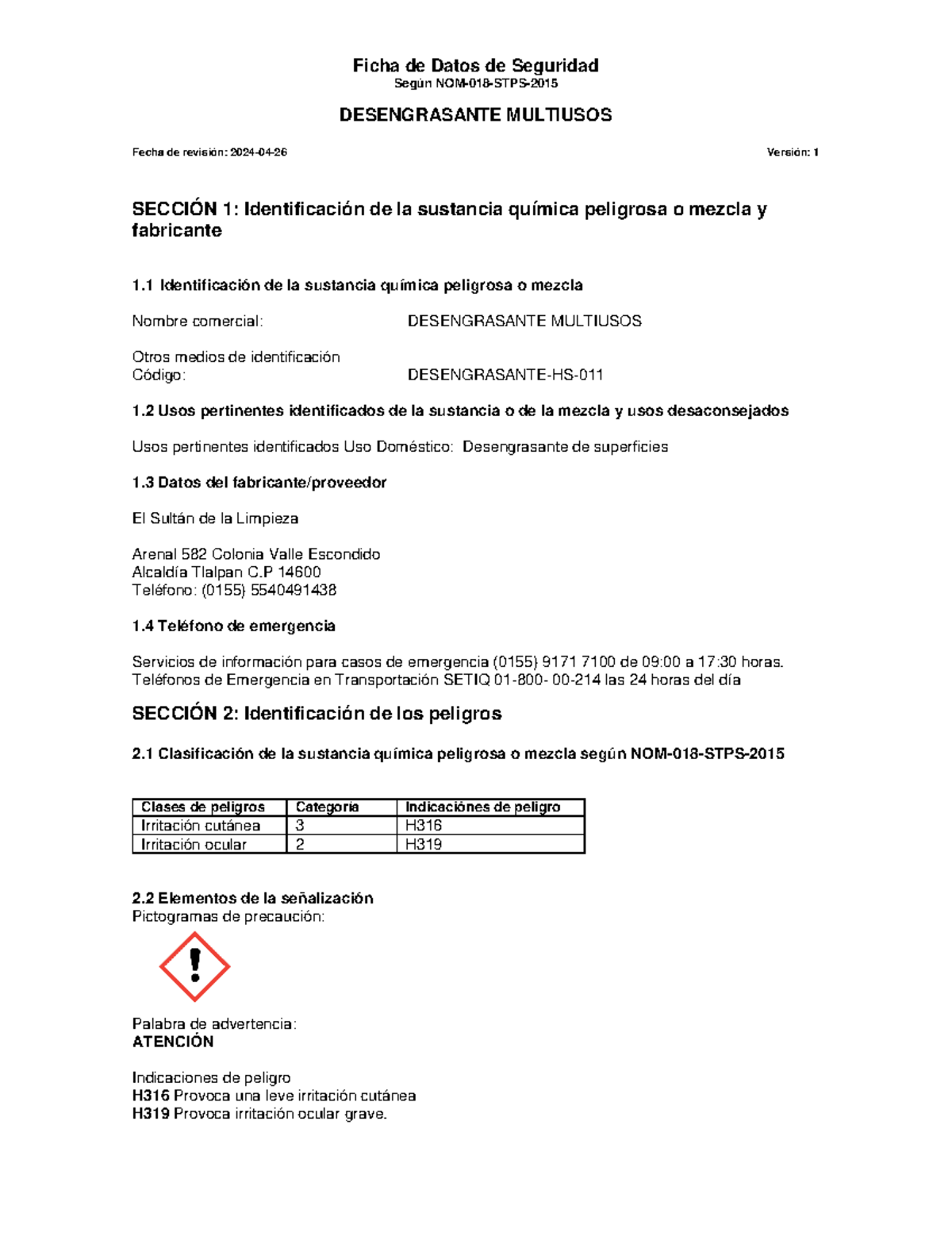 Hoja de Datos de Seguridad del Desengrasante Multiusos - NOM-018-STPS - Studocu