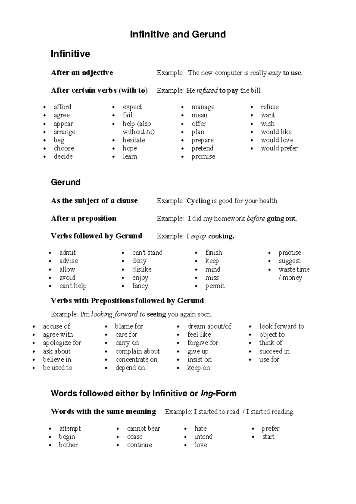 Gerunds and Infinitives Practice 2 (Exercises and Examples) - Studocu