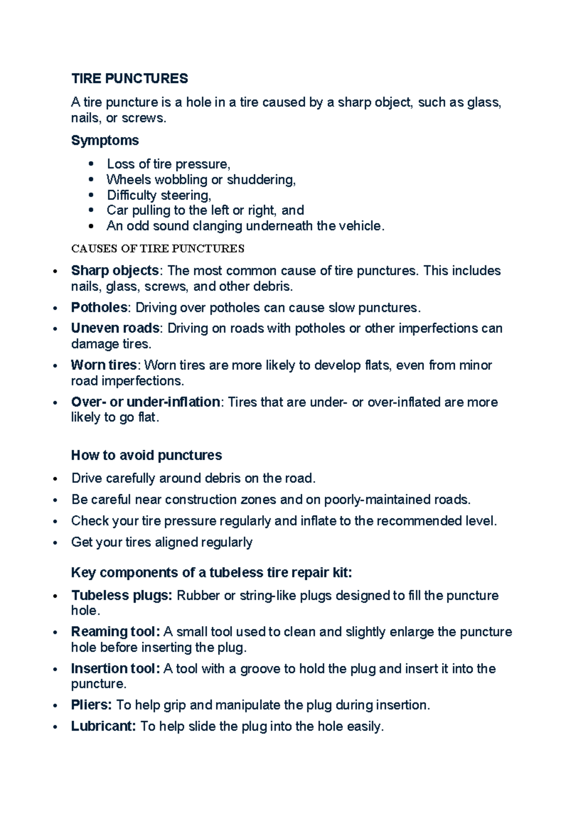 TIRE Punctures - lecture notes - TIRE PUNCTURES A tire puncture is a ...