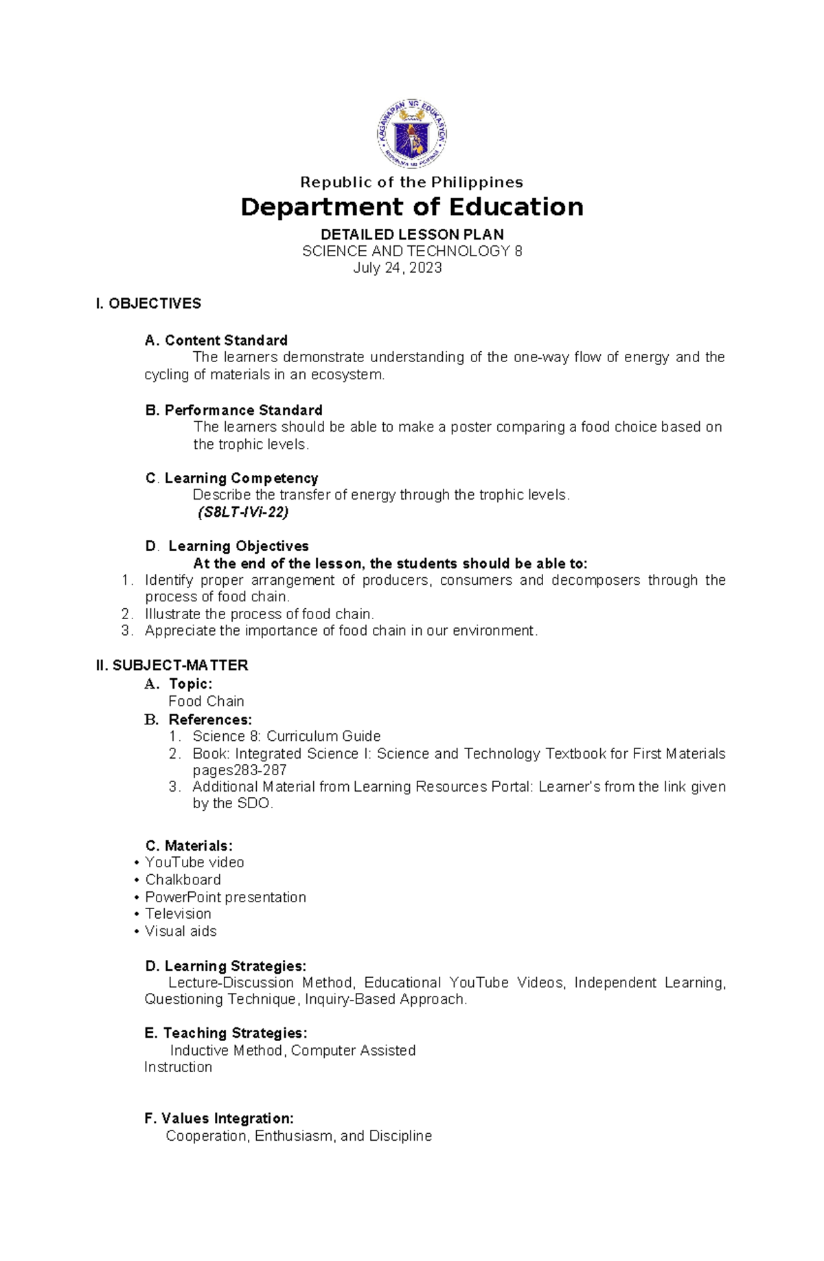 Detailed Lesson Plan: Energy Transfer in Food Chains (S8LT-IVi-22 ...