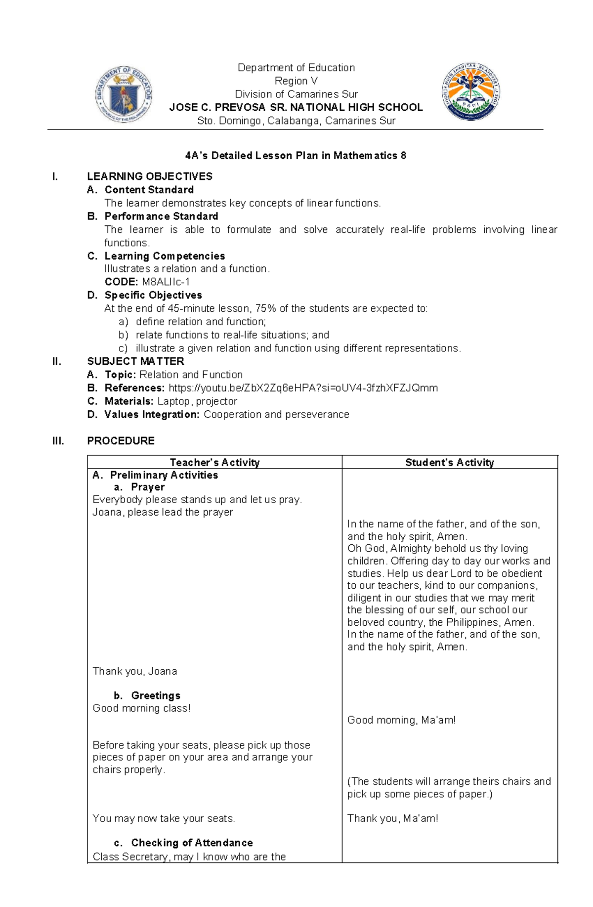 Detailed Lesson Plan in Mathematics 8: Relation and Function - Studocu