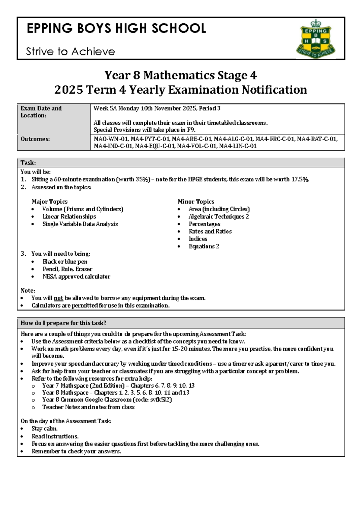2025 EPPING BOYS Yr 8 T4 Math Yearly Exam Notification - Studocu