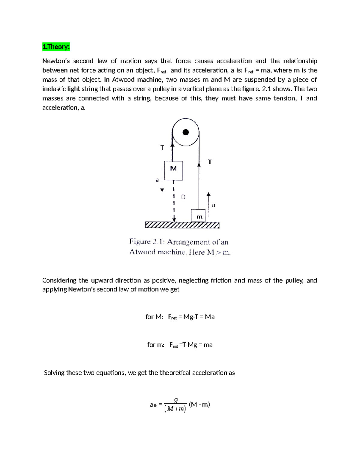 Physics 1 Lab 1: Verification of Newton's 2nd Law Using Atwood Machine ...