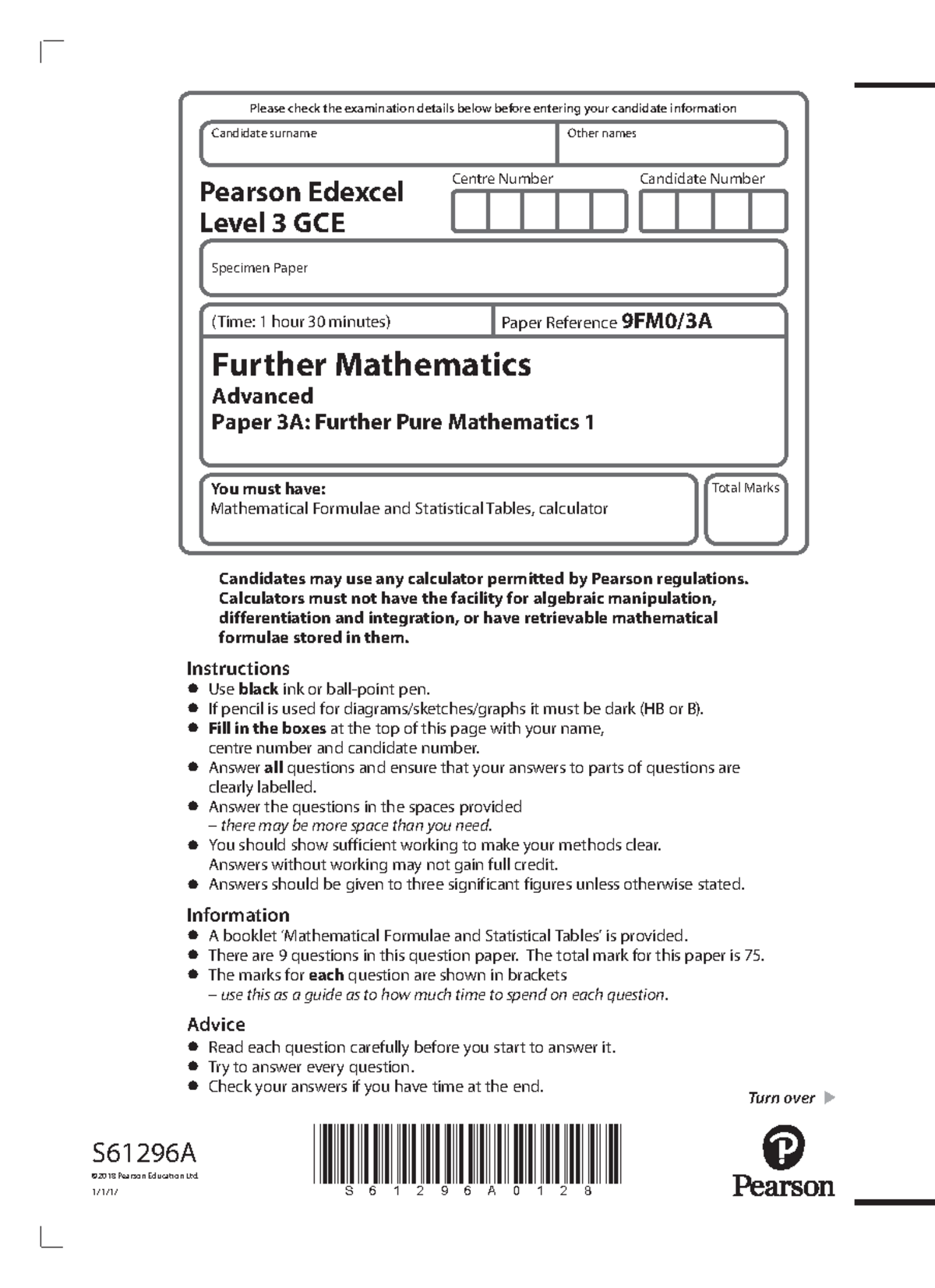 9FM0-3A Specimen Paper for Further Pure Mathematics 1 Exam - Studocu