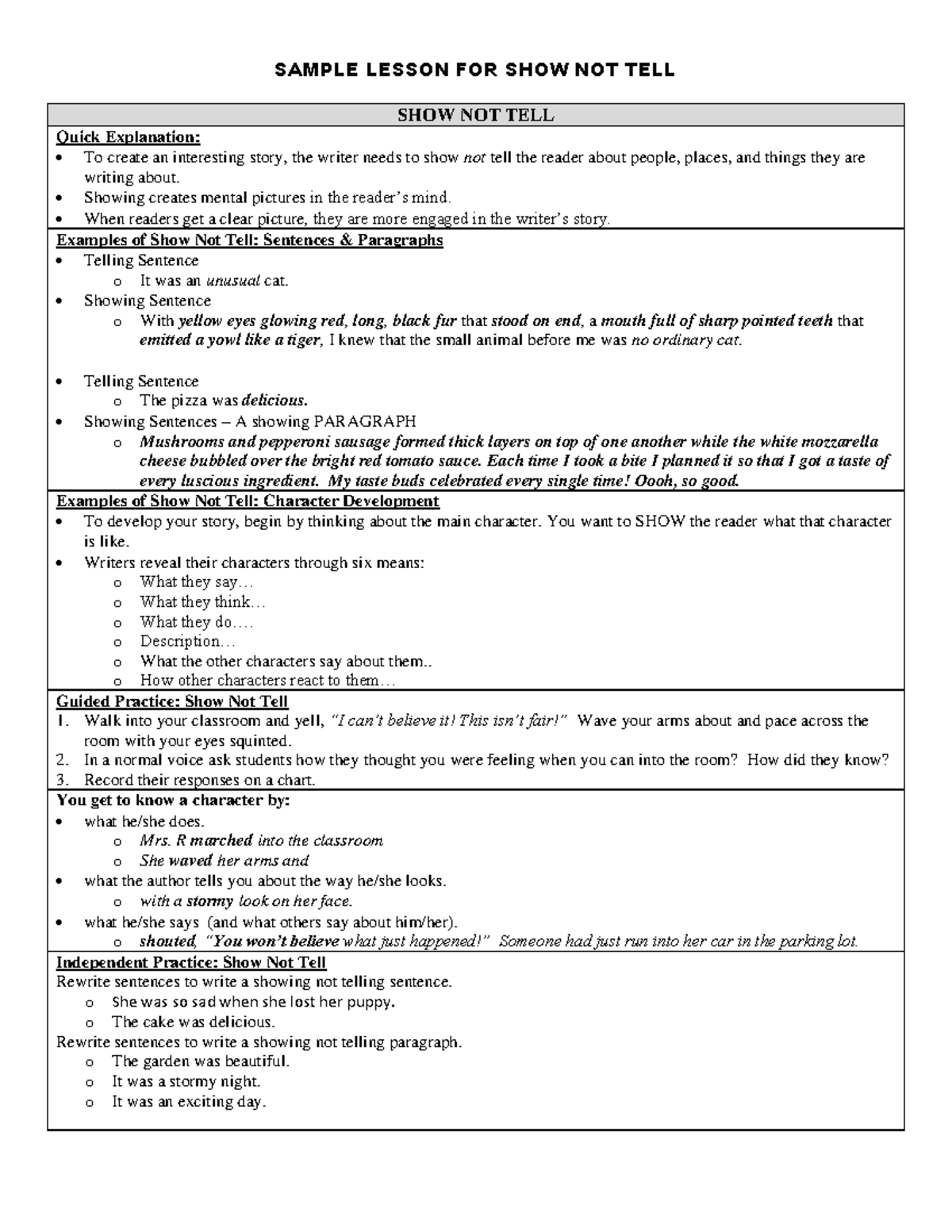 Show Not Tell Lesson - SAMPLE LESSON FOR SHOW NOT TELL SHOW NOT TELL ...