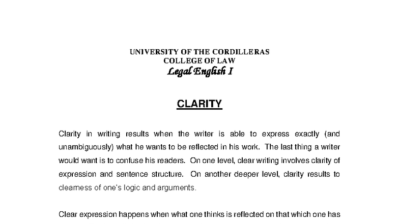 Legal English I: Achieving Clarity in Writing - Studocu