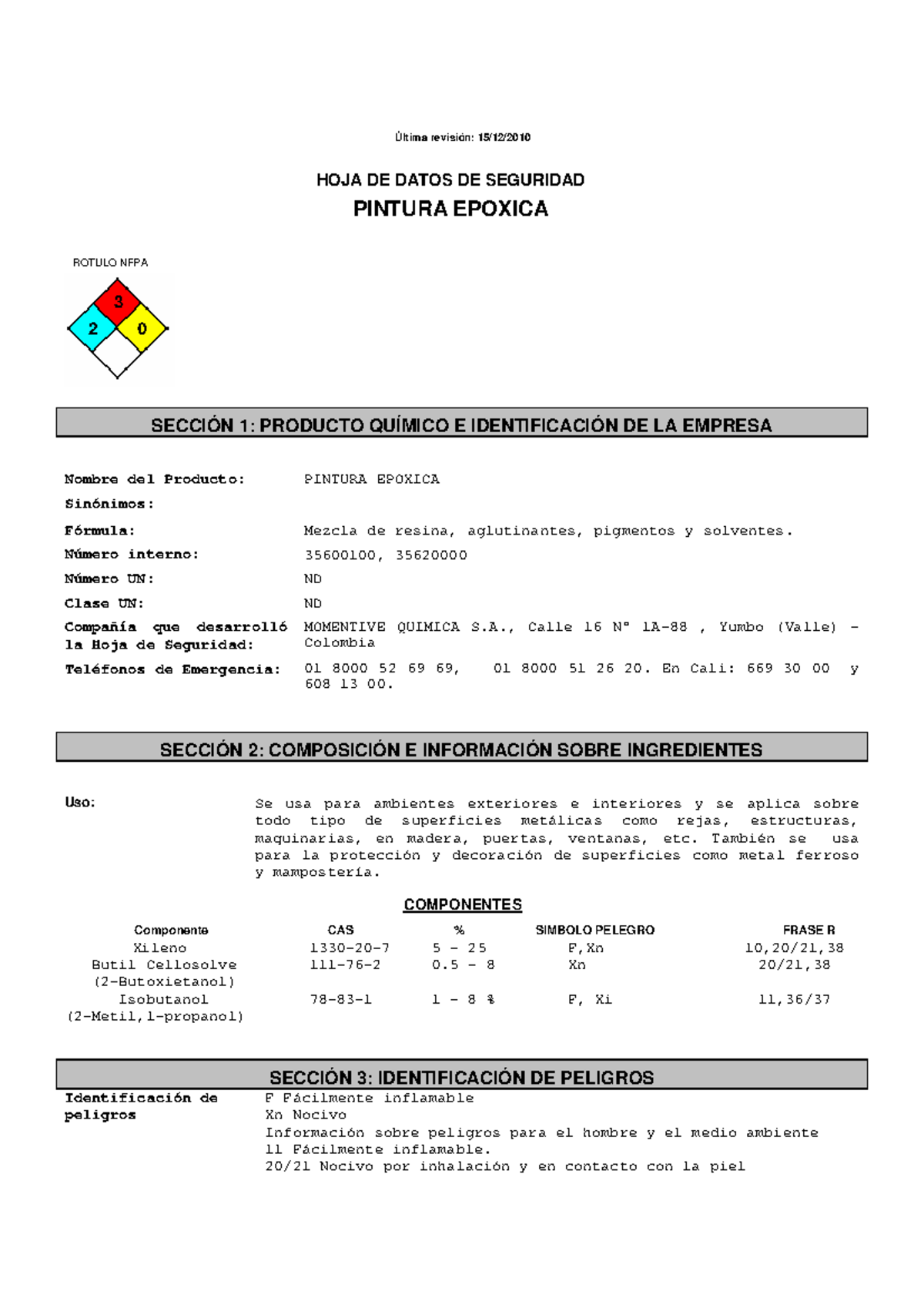 Ficha de Seguridad de Pintura Epóxica - Información Importante - Studocu
