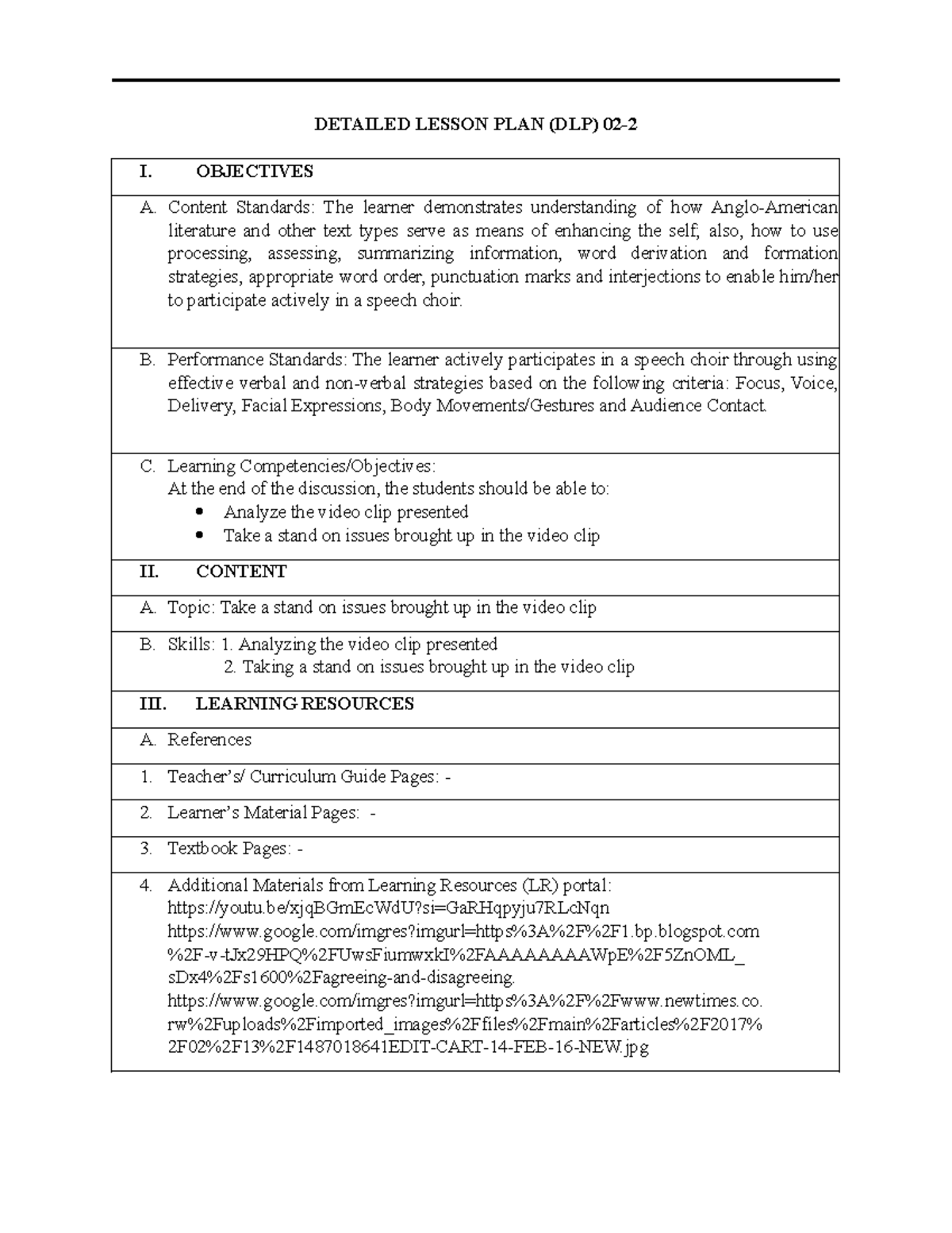 DLP02-2 Detailed Lesson Plan: Taking a Stand in Speech Choir - Studocu