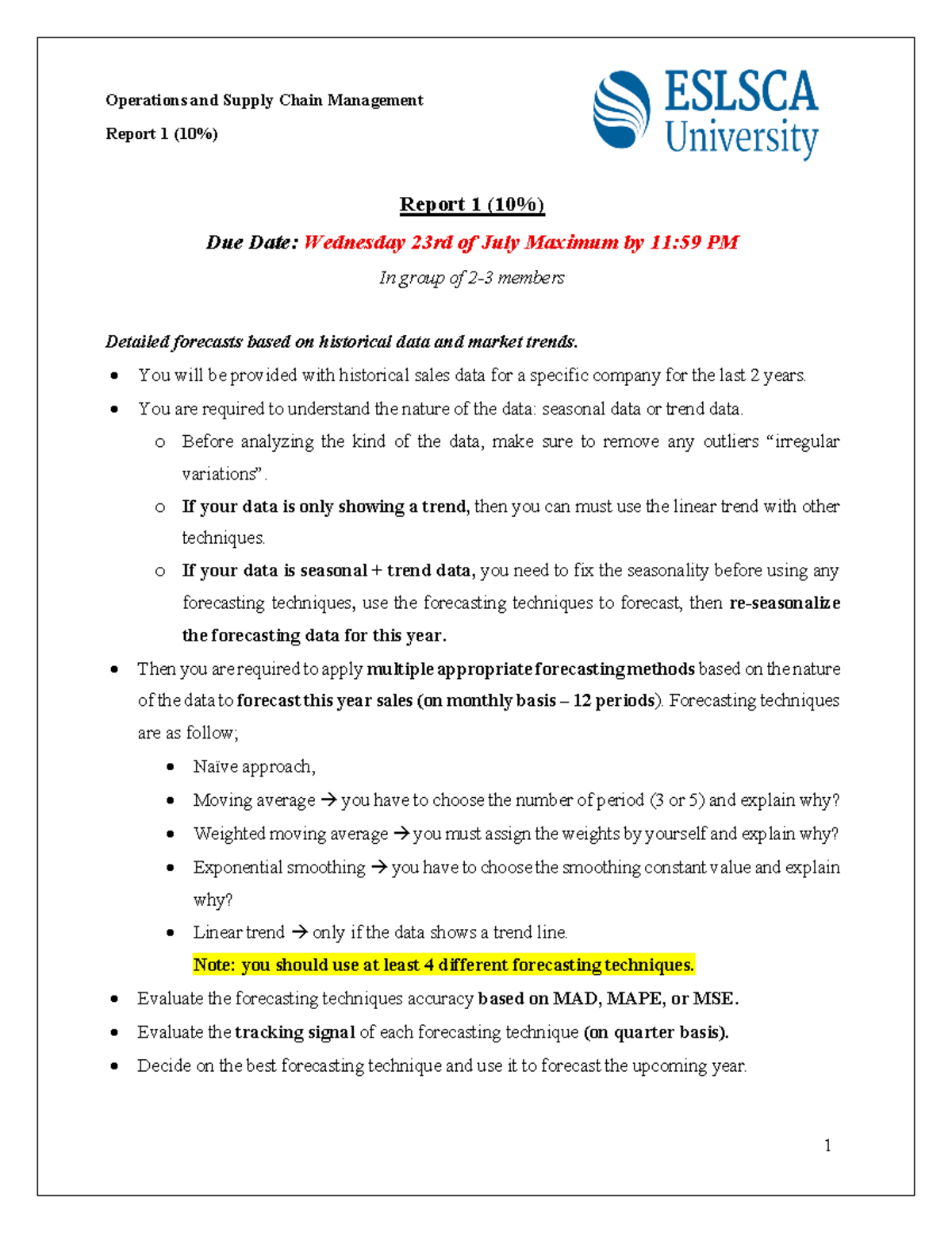 Operations and Supply Chain Management (OSC 101) Forecasting Report 1 ...