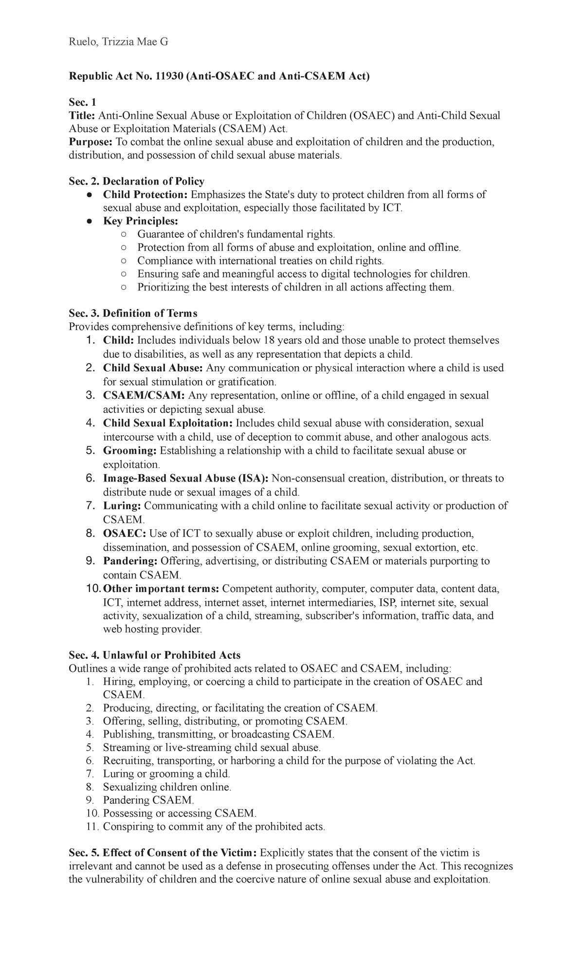 RA 11930 - Comprehensive Notes on the Anti-OSAEC and CSAEM Act - Studocu