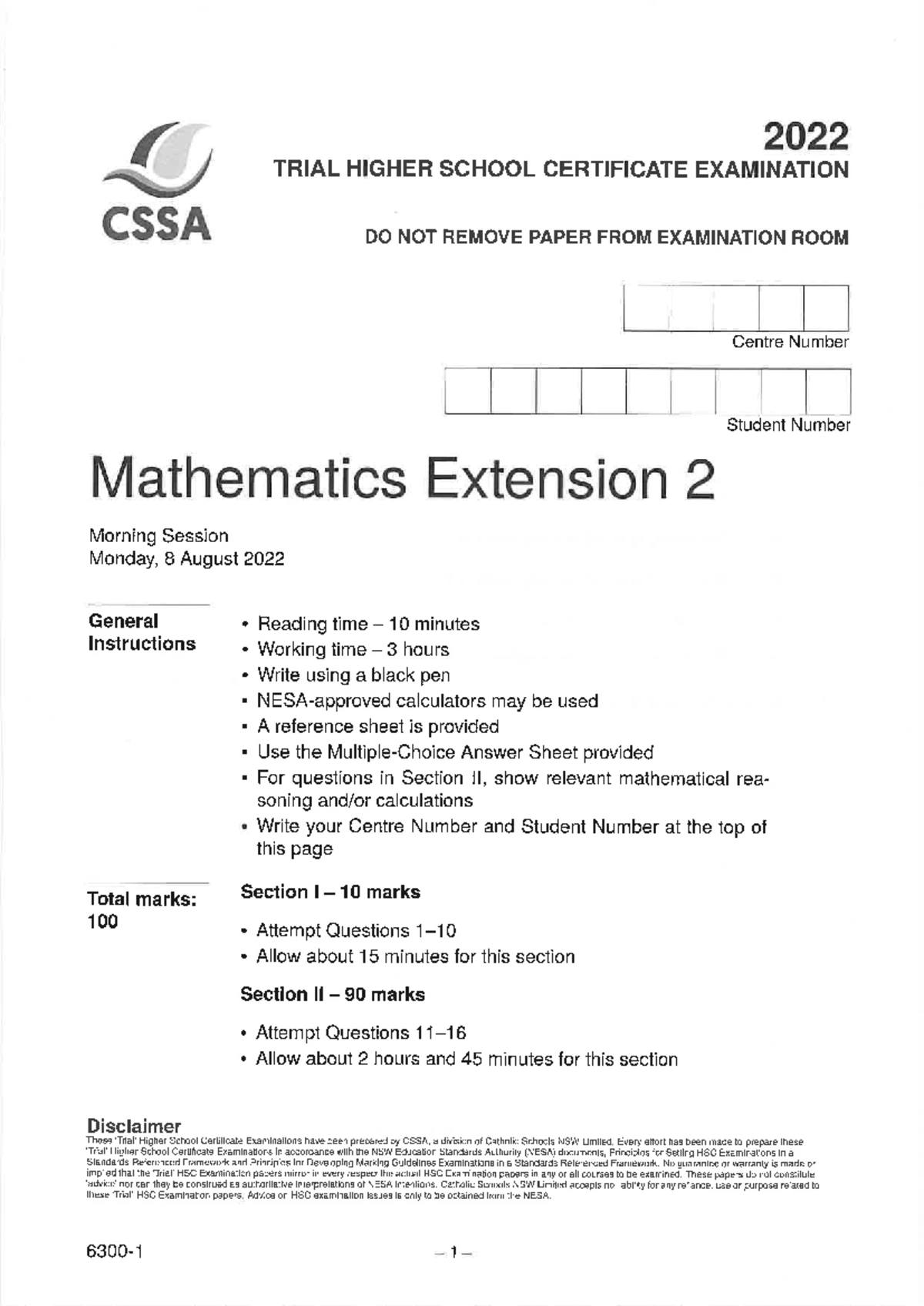 2022 HSC Mathematics Extension 2 Trial Exam Paper - Studocu