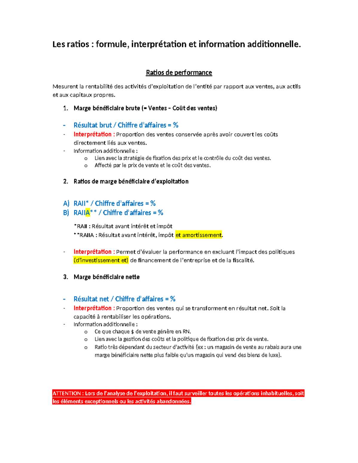 Les Ratios de Performance : Formules et Interprétations - Examen - Studocu