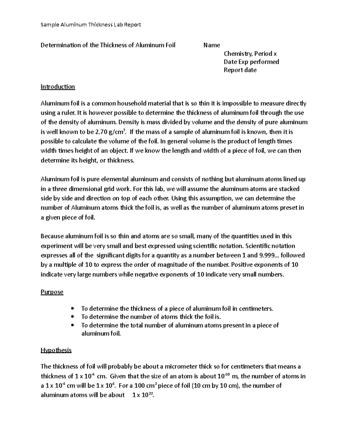 Chemistry 11 Lab Report: Determining Aluminum Foil Thickness - Studocu