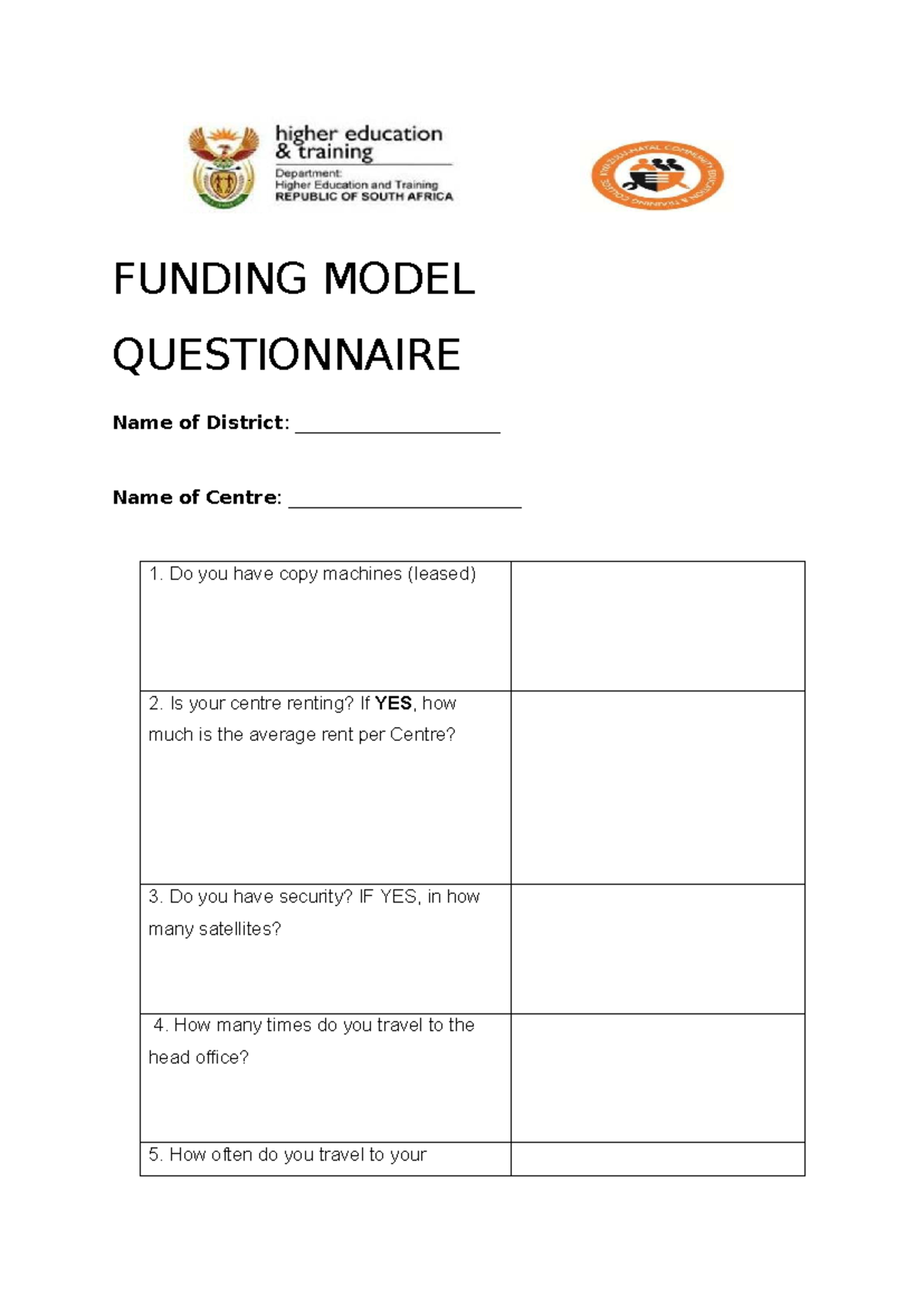 Funding Model Questionnaire (002) - FUNDING MODEL QUESTIONNAIRE Name of ...