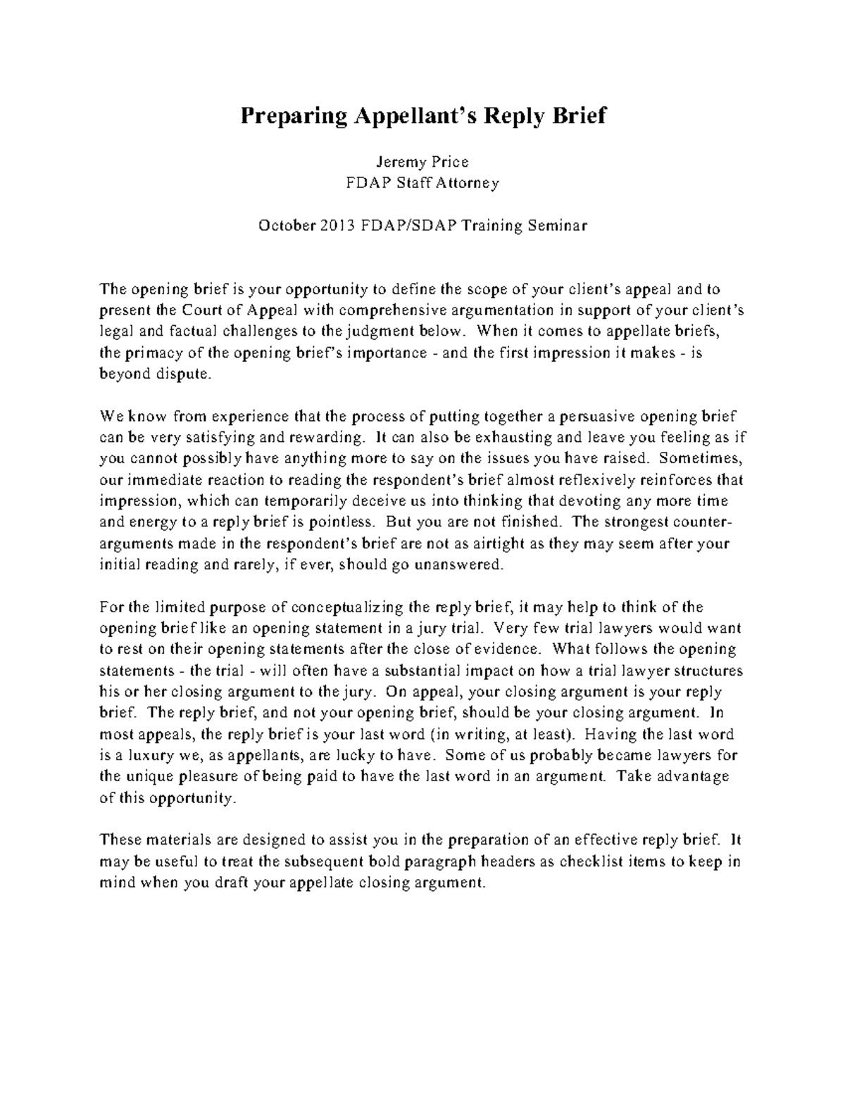 Effective Reply Brief Preparation for FDAP Training Seminar - Studocu