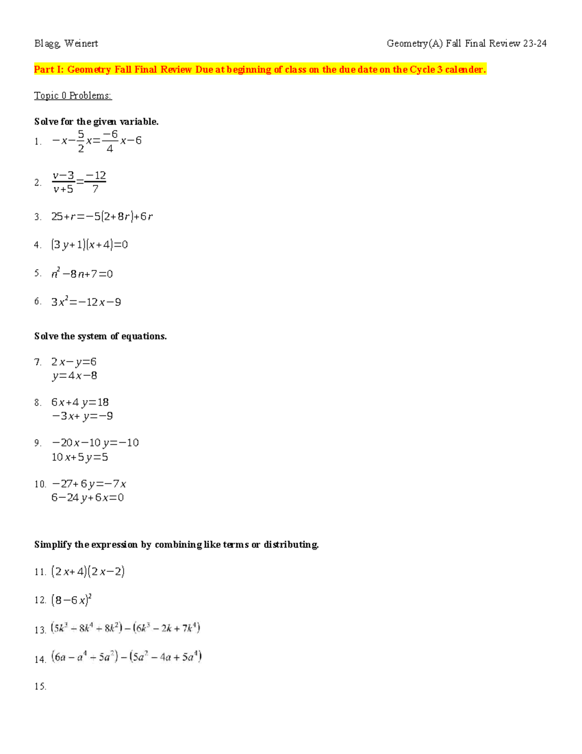 Geometry(A) Fall Final Exam Review Part I: Key Concepts & Problems ...