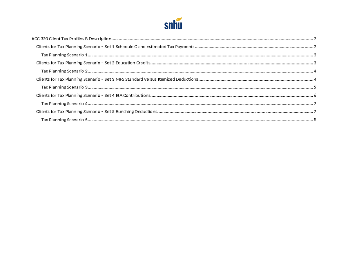 ACC 330 Client Tax Profiles B: Tax Planning Scenarios Overview - Studocu