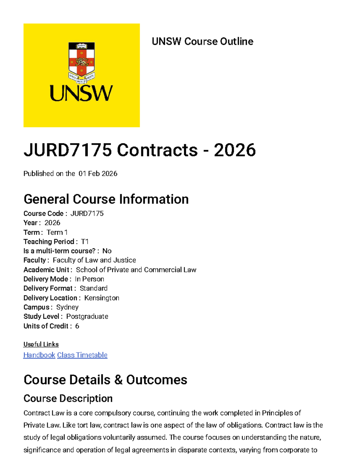 UNSW Course Outline JURD7175 Contracts T1 2026 - Studocu