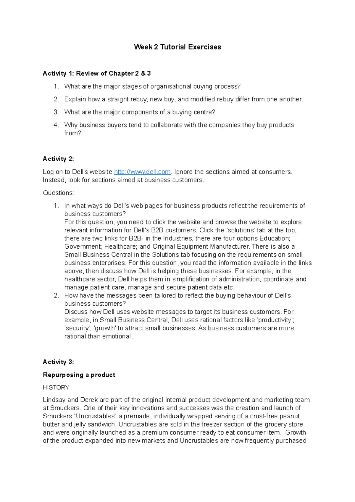 Week 2 Tutorial exercises - Week 2 Tutorial Exercises Activity 1 ...