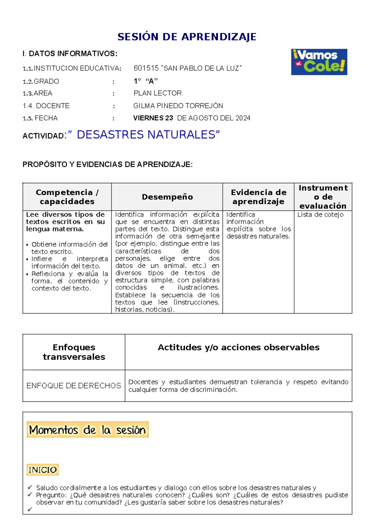 Sesión de Comprensión Lectora: Desastres Naturales - 3er Grado - Studocu